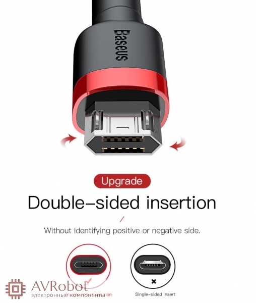 Кабель двухсторонний MicroUSB - USB 1м, максимальный ток 2.4А, защита ...